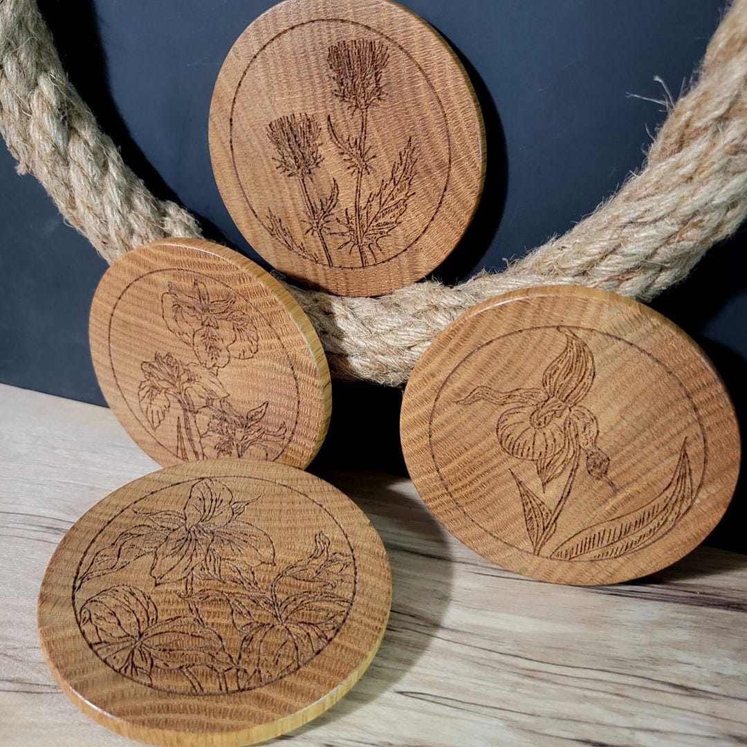 Solid Oak Wood Coasters: NATIVE FLOWERS - Etsy