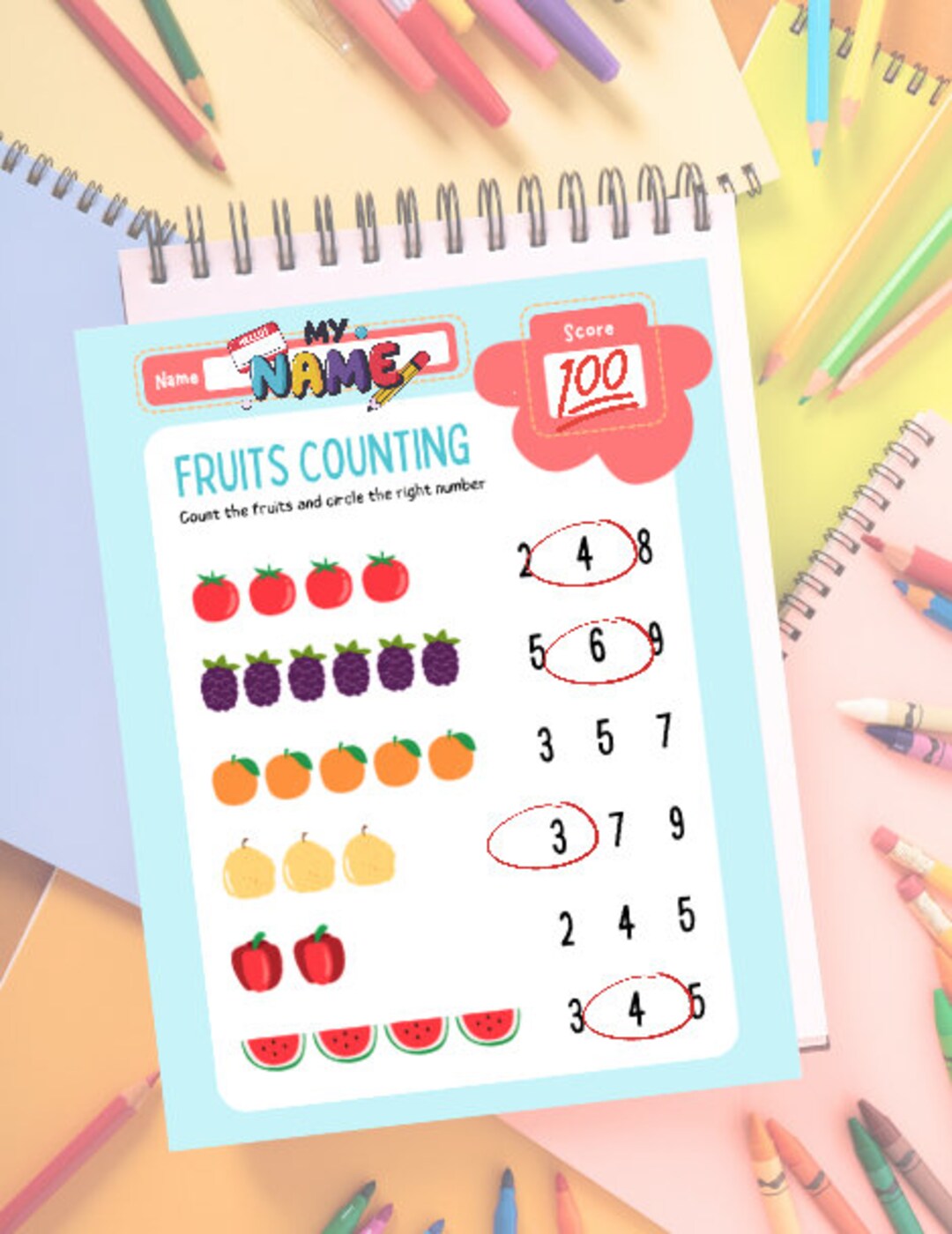 Preschool/pre-k/toddler Colorful Printable Fruits Counting Worksheet ...