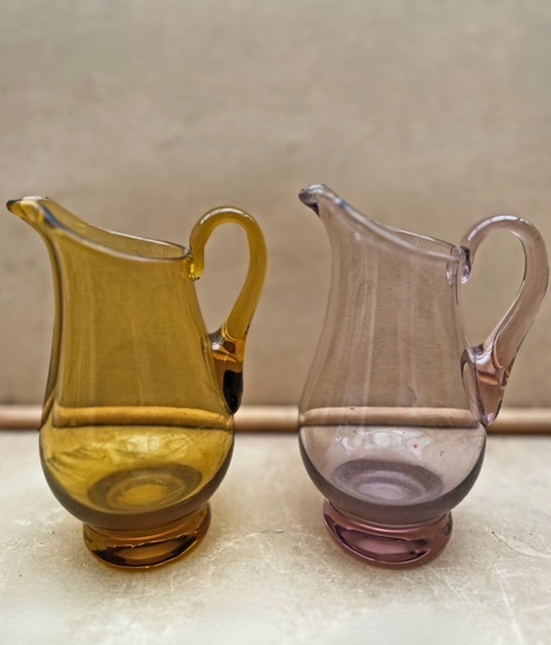 Set of 2 X Vintage MCM Retro Mini Glass Jugs Amber & Rose Pink Glass - Etsy