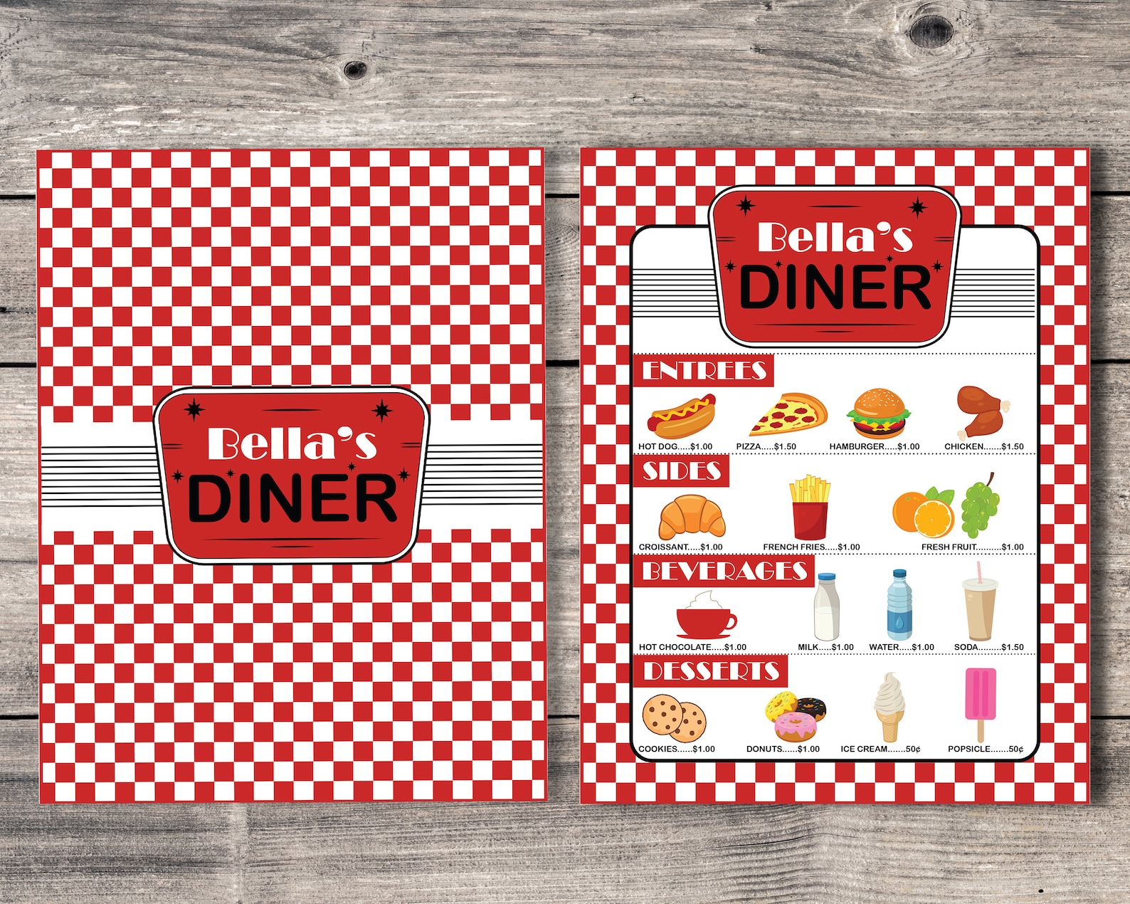 Personalized Pretend Play Diner Menu, Red Pretend Retro Restaurant Menu ...