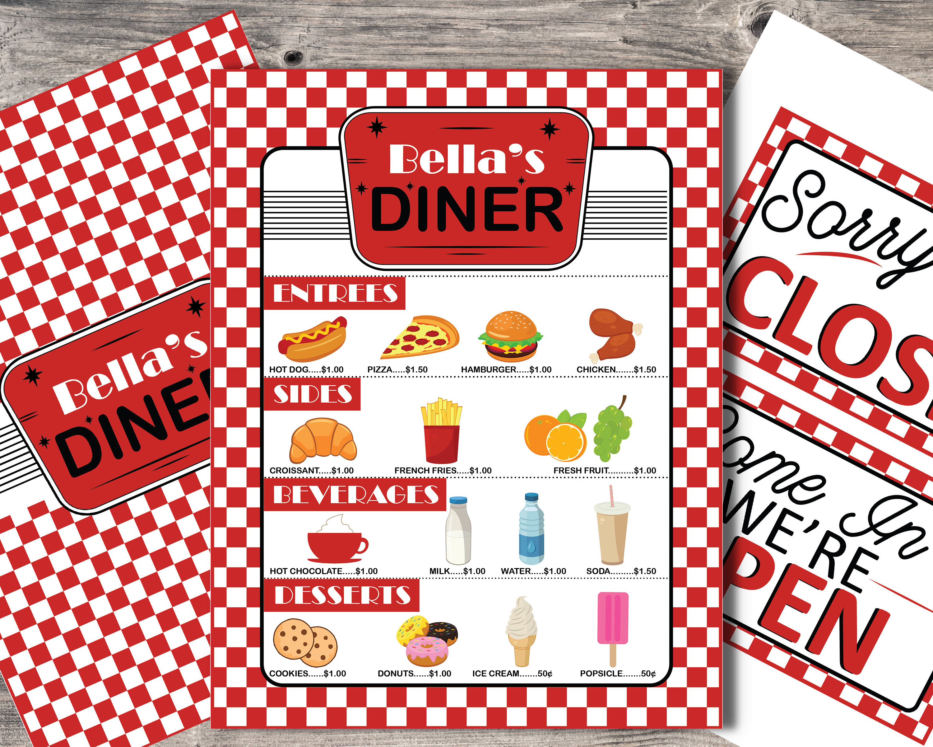 Personalized Pretend Play Diner Menu Red Pretend Retro Restaurant Menu Personalized Restaurant Preschool Pretend Play Kids Play Menu Etsy UK