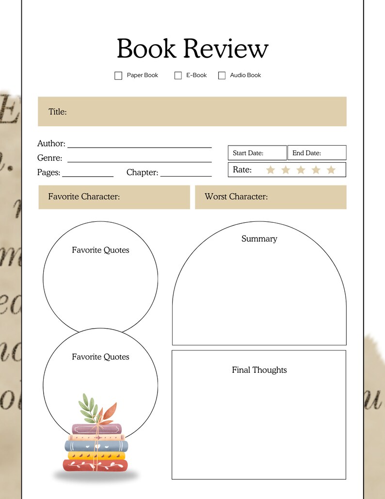 Printable Book Review Book Review Log Reading Journal Book Tracker Book ...