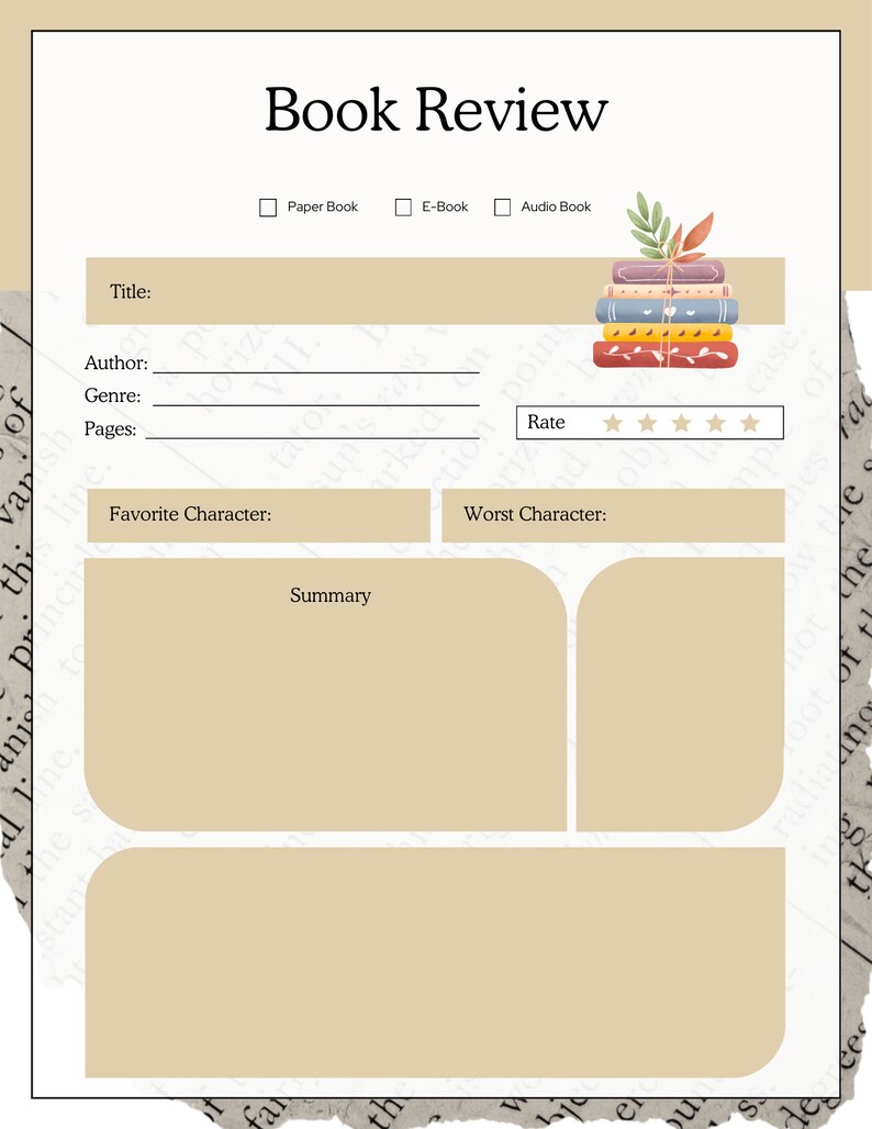 Printable Book Review Book Review Log Reading Journal Book Tracker Book ...