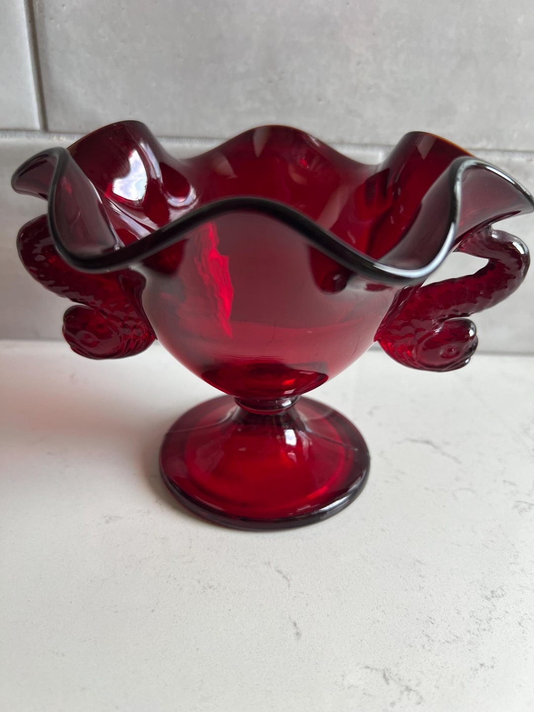 Vintage Fenton Ruby Dolphin 6" Round Crimped Compote Bowl- Circa 1921 ...