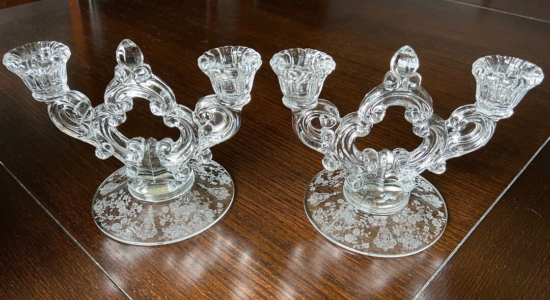 Vintage Pair of Cambridge Rose Point Round Base 2 Light Candlesticks ...