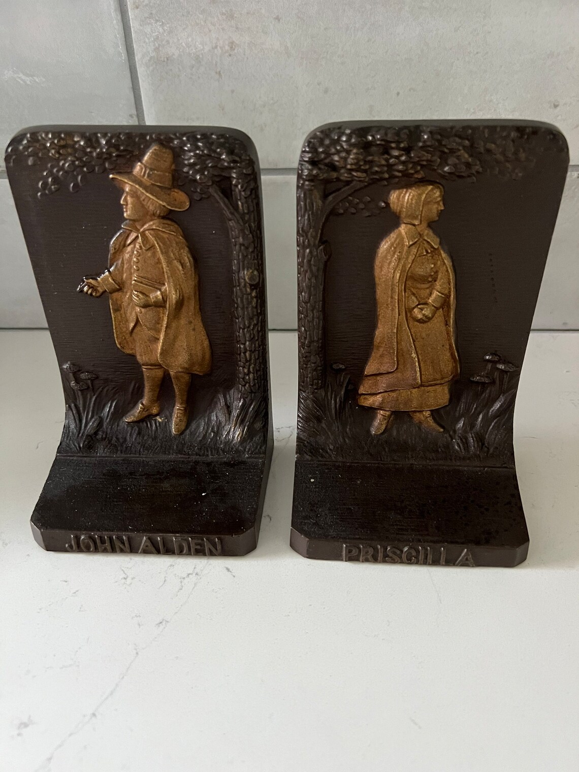 Antique 1920s John Alden and Priscilla Bookends by Bradley - Etsy