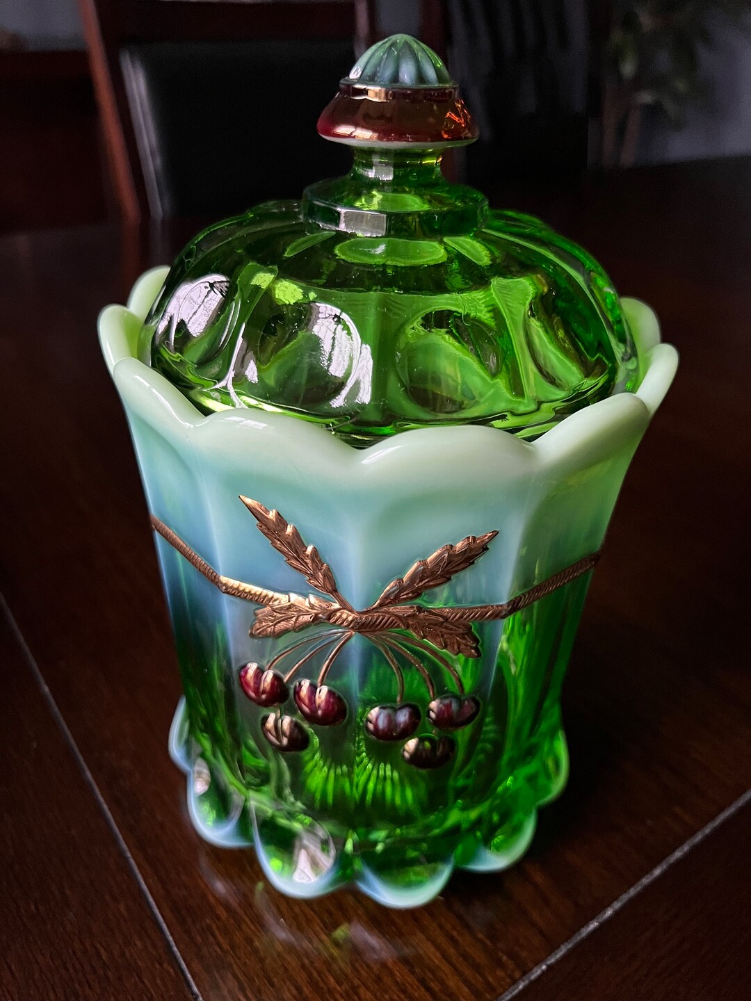 Vintage Mosser Green Opalescent Cherry and Cable Thumbprint Biscuit ...