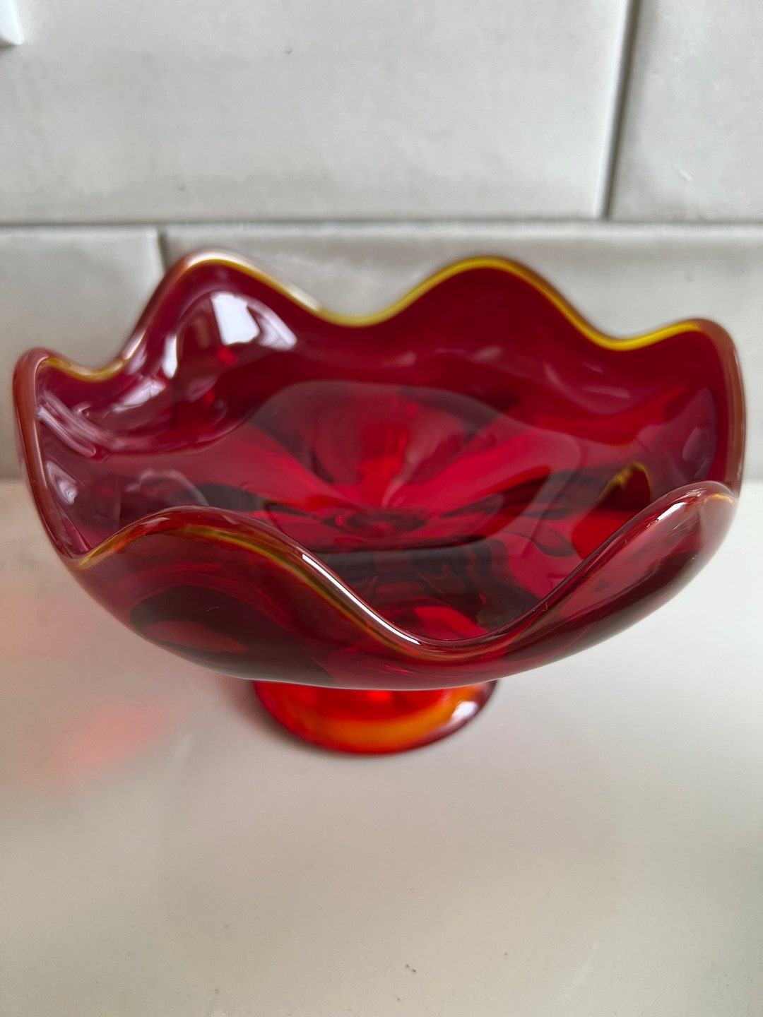 Vintage Mid Century Viking Epic Six Petal Ruby Compote #1434- 7" Wide ...