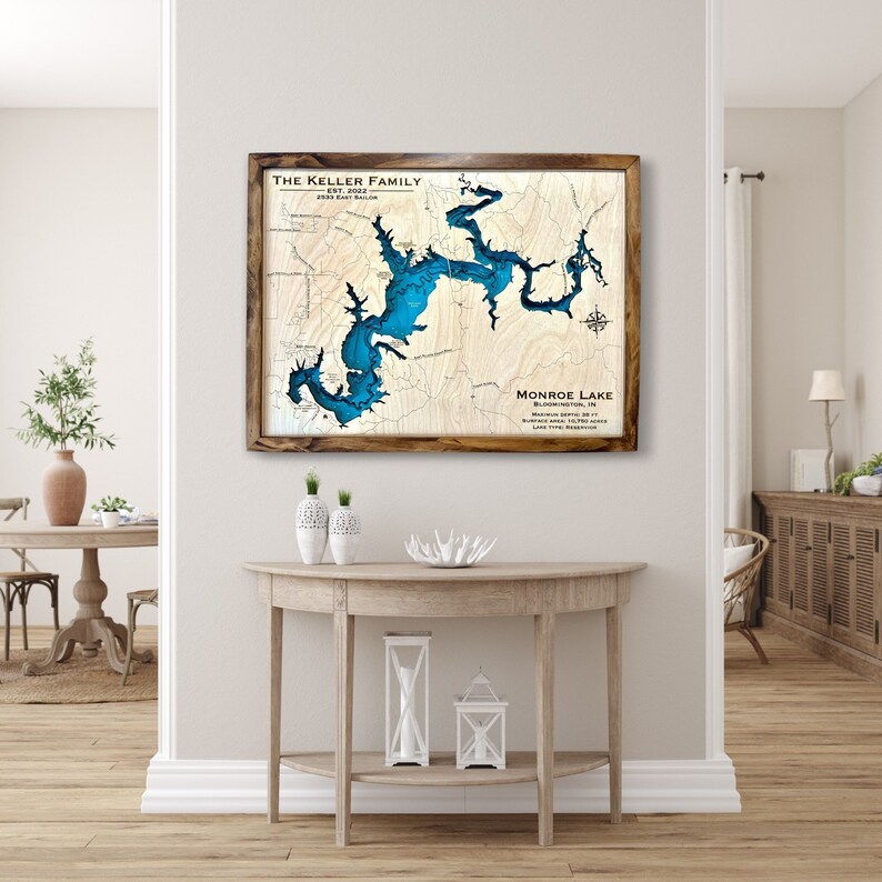 Monroe Lake, Custom Wood Map, Depth Map, Wood Map, Gift, Art, Lake ...