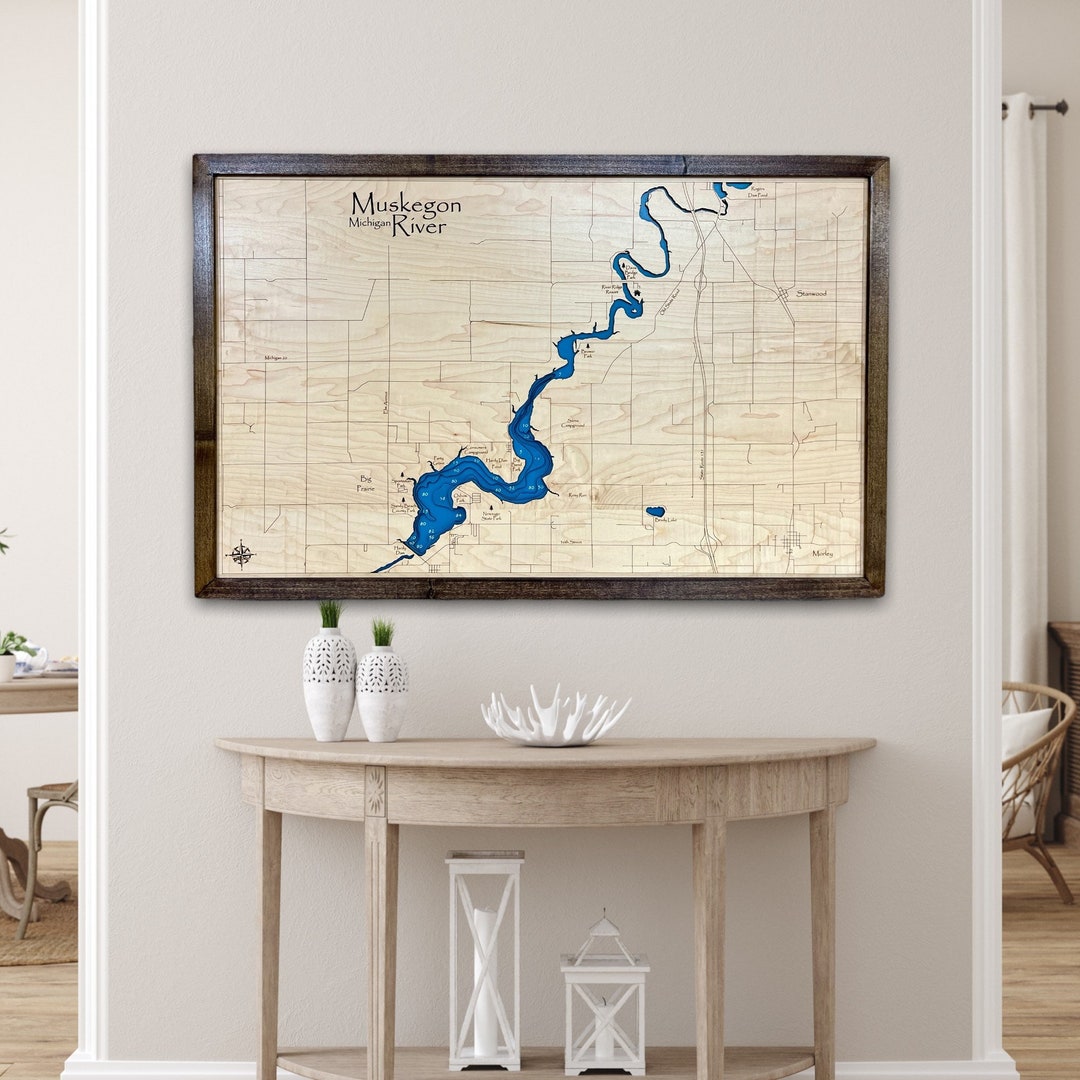Muskegon River | Custom River Map | Nautical Decor | Lake House Decor ...