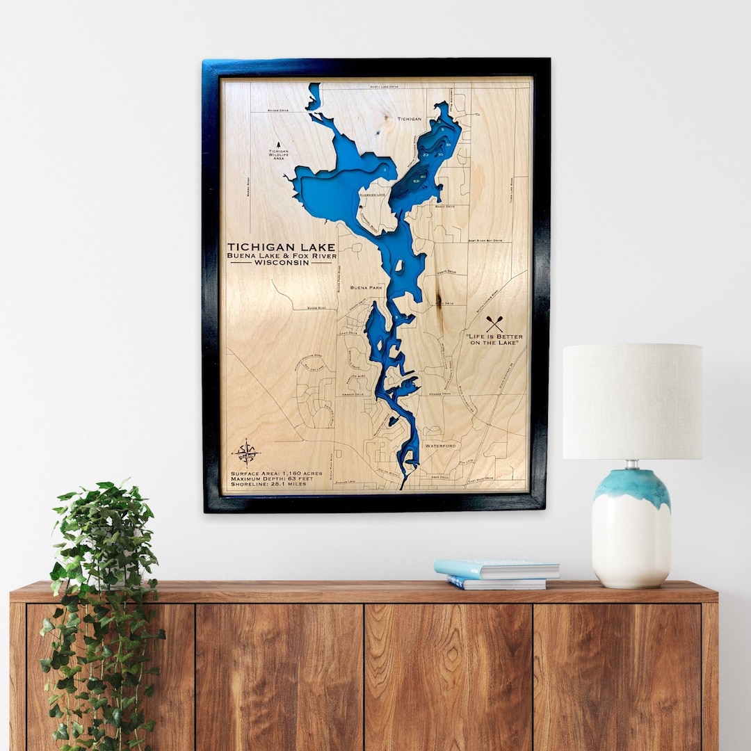 Tichigan Lake, Wisconsin, Lake House Decor, Custom Wood Map, Lake House ...