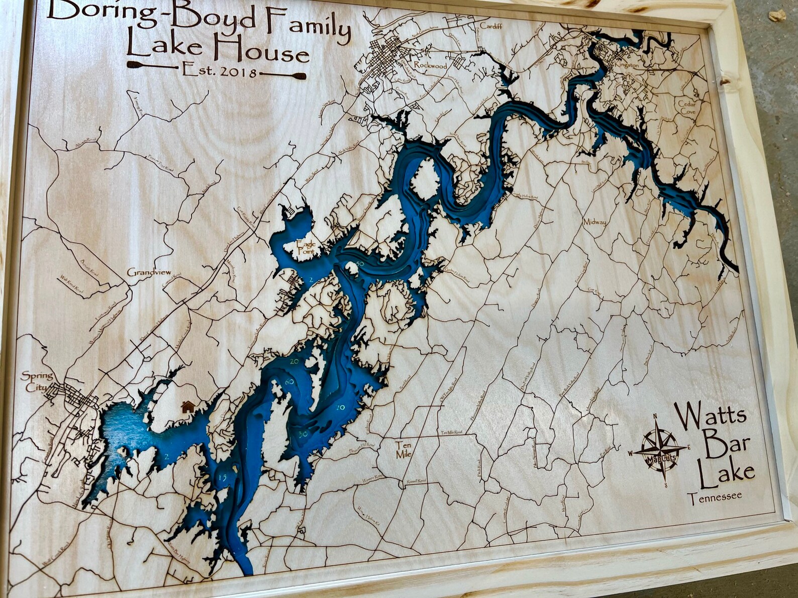 Watts Bar Lake Custom Wood Map Depth Map Wood Map Gift - Etsy