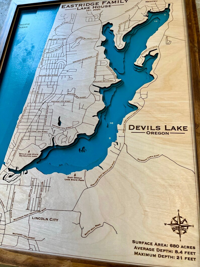 Devils Lake Custom Wood Map Depth Map Wood Map Gift Art | Etsy
