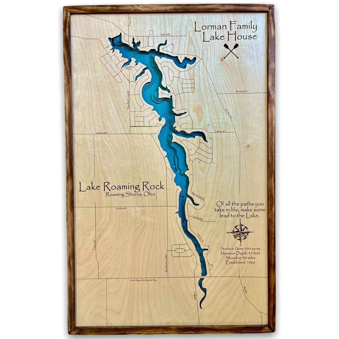 Lake Roaming Rock, Custom Wood Map, Depth Map, Wood Map, Gift, Art ...