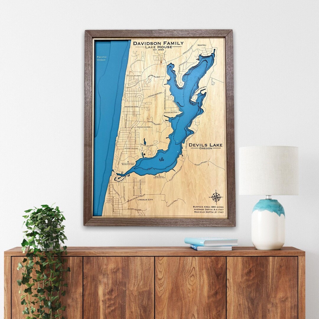 Devils Lake, Custom Wood Map, Depth Map, Wood Map, Gift, Art, Lake ...