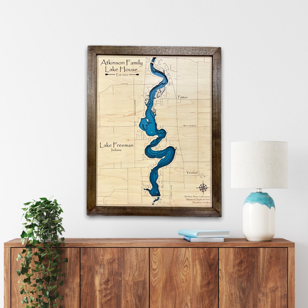Lake Freeman Custom Wood Map, 3D Wall Art, Contour Map Lake House Decor ...