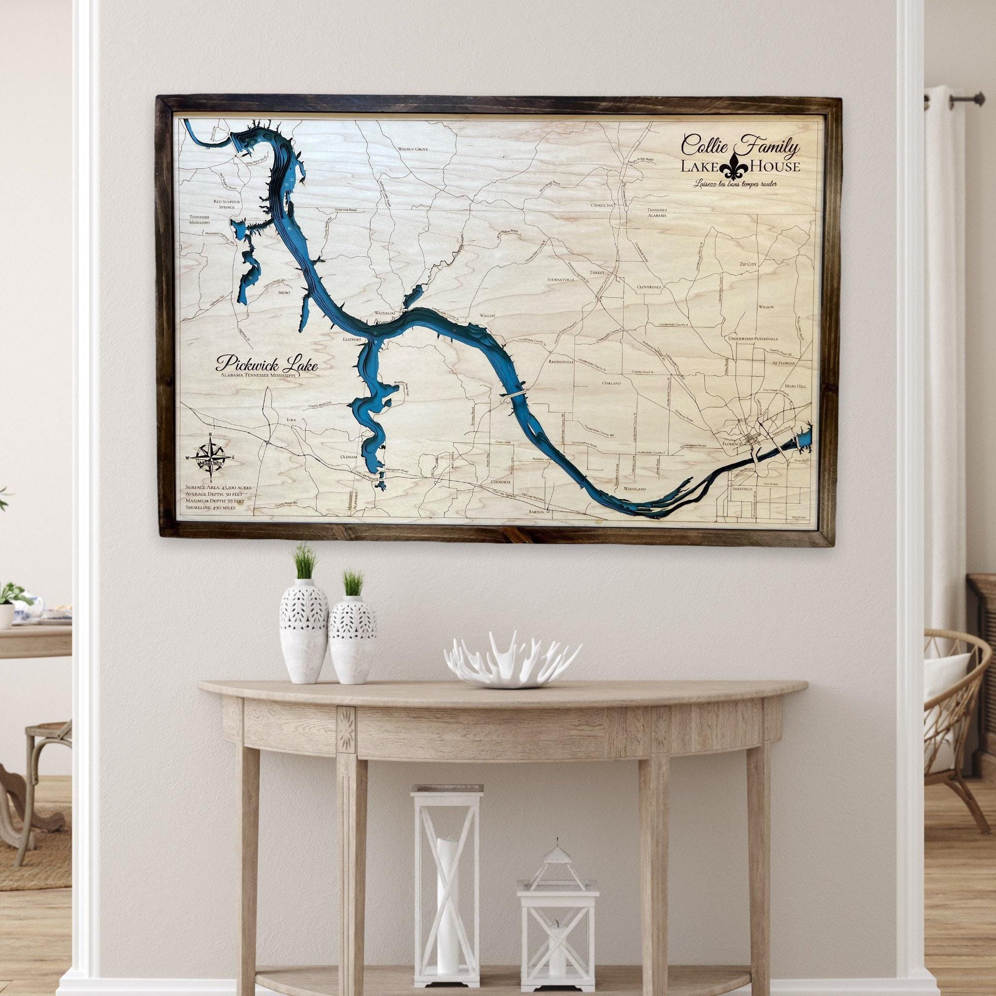 Pickwick Lake Custom Wood Map, 3D Wall Art, Contour Map Lake House ...