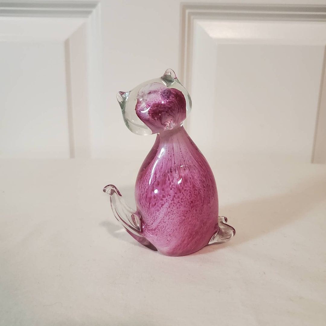 Clear Glass Cat With Pink and White Inside Paperweight Art Glass ...