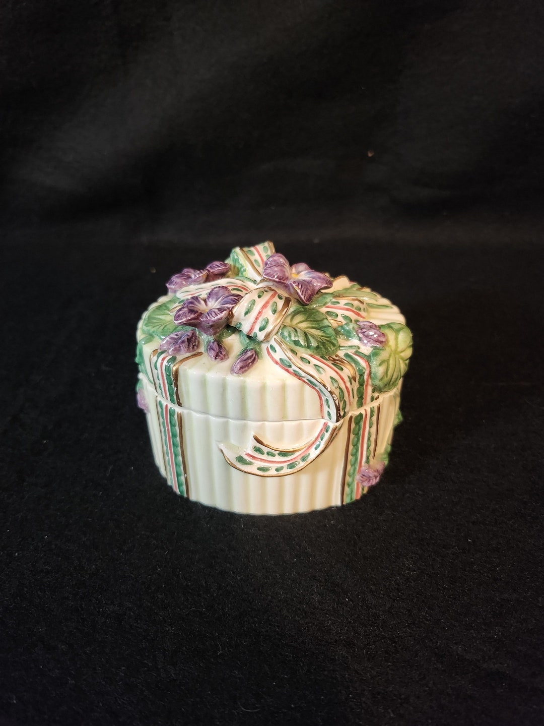 Fitz and Floyd Essentials Oval Trinket Box With Violets and Ribbon - Etsy