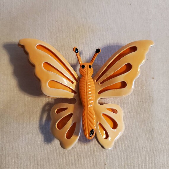 Double Layered Wings Orange Enamel Butterfly Brooch - Gem