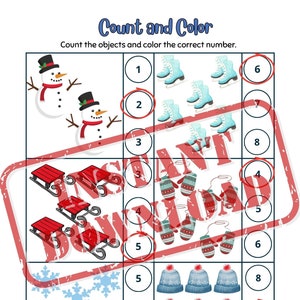 Printable Winter Count and Color Matching Childrens Activity and Game ...