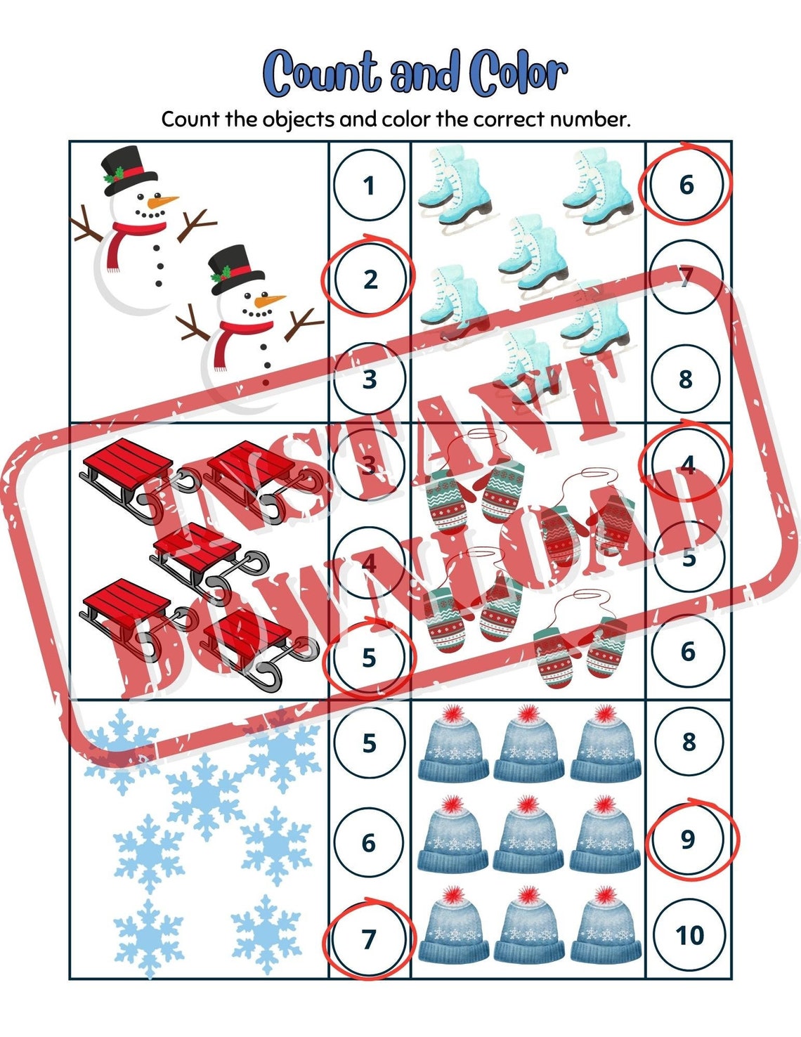Printable Winter Count and Color Matching Childrens Activity and Game ...