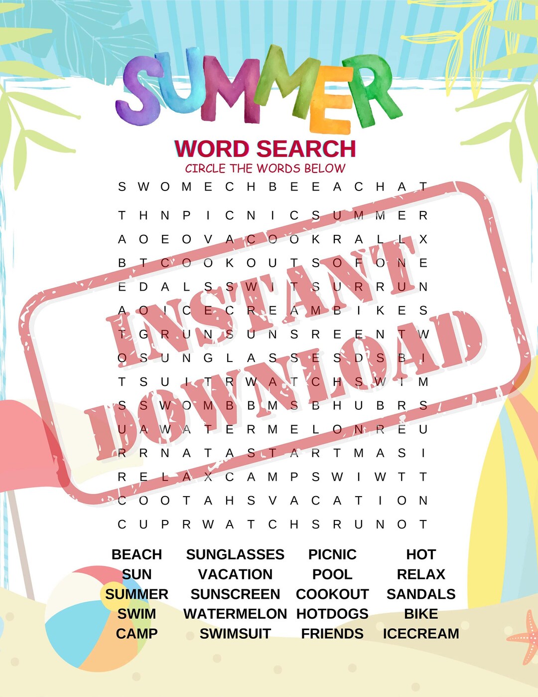 Summer Word Search Childrens Word Search - Etsy