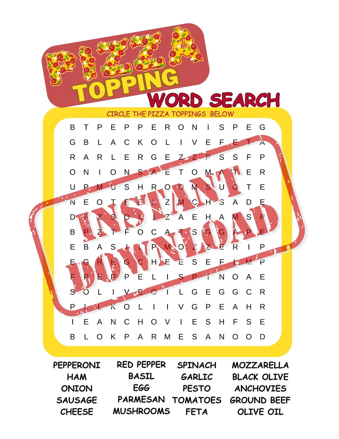 Pizza Toppings Word Search, Kids Educational Game, Download File - Etsy