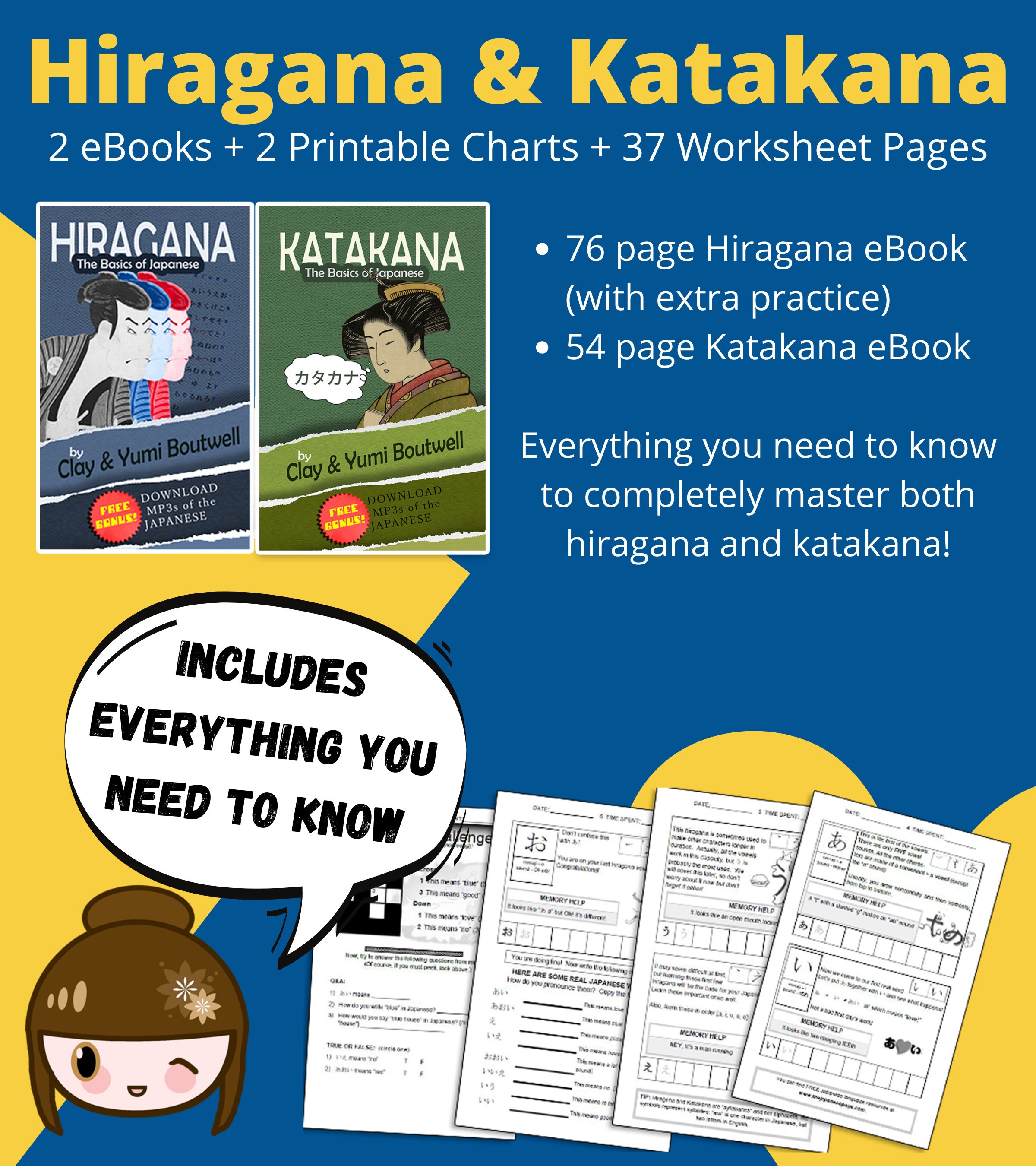 Learn Japanese Hiragana and Katakana Bundle: Ebooks, Worksheets, Chart ...