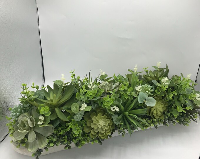 Long Faux Succulent Arrangement, White Wood, Planter Box, Realistic ...