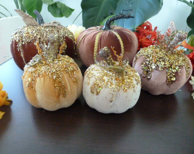 Embellished Velvet Pumpkins Brown Velvet Pumpkins Beaded Pumpkins Fall ...