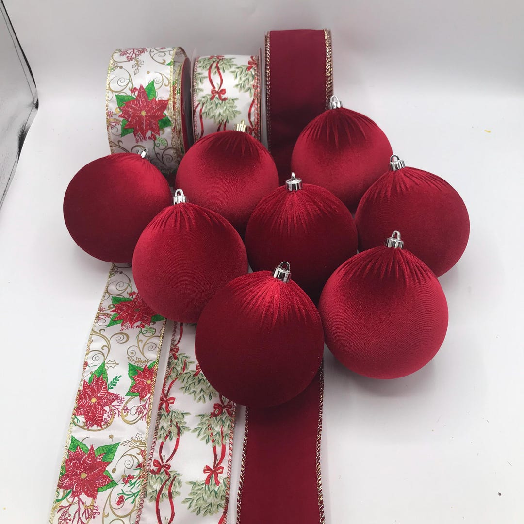 Large Velvet Ornaments Red Christmas Tree Ornaments Red Bow Ribbon Ball ...