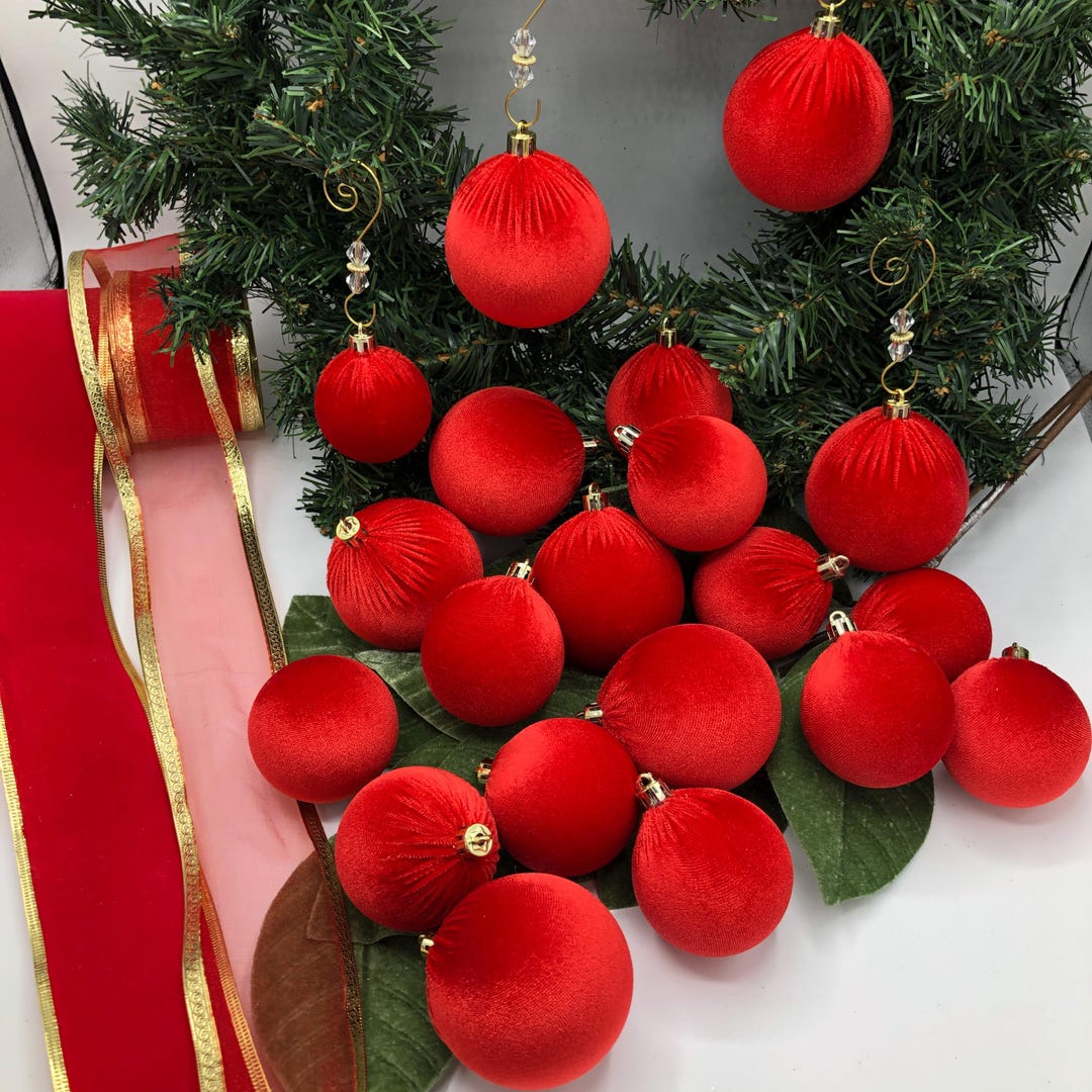 Red Christmas Velvet Balls, Handmade Christmas, Shatterproof Ornaments ...