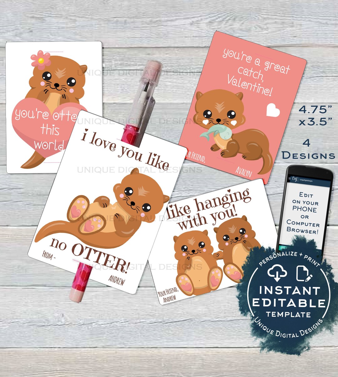 Otter Valentine Card, Kids Editable Valentines Day Otter Classroom, I ...