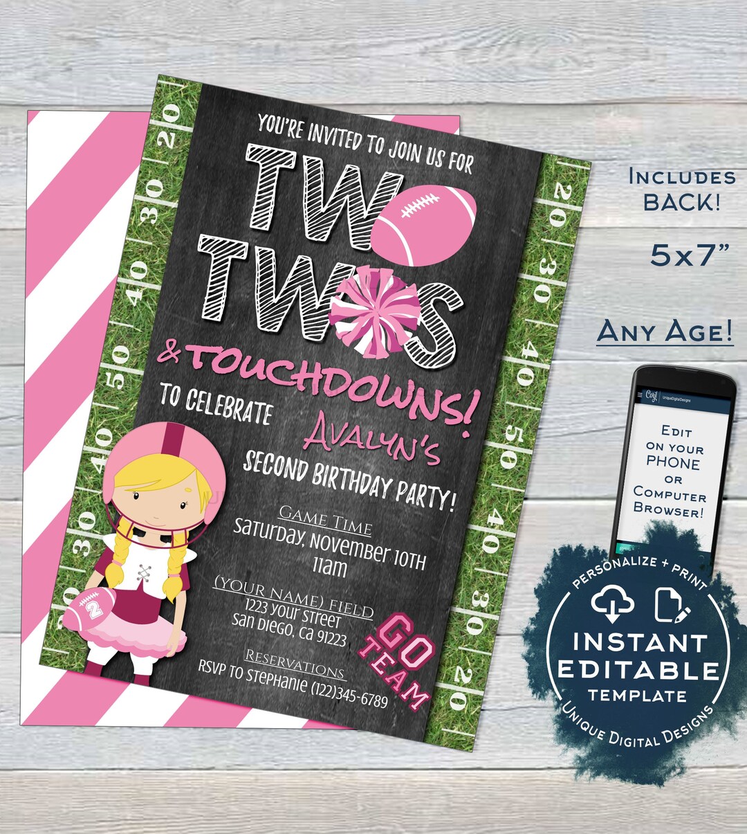 Tutu and Touchdown Invitation, Editable Football Birthday Invitation ...