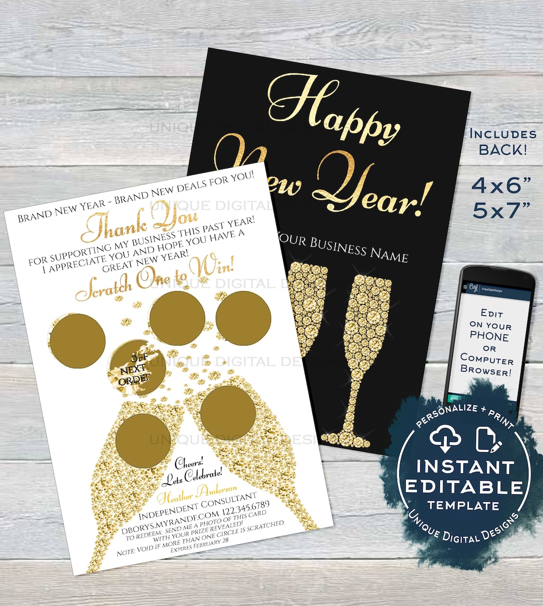 Printable Rodan and Happy New Year Cards Scratch Off, Editable Thank ...