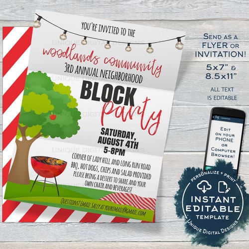EDITABLE Neighborhood Block Party Invite Bbq Picnic Summer - Etsy