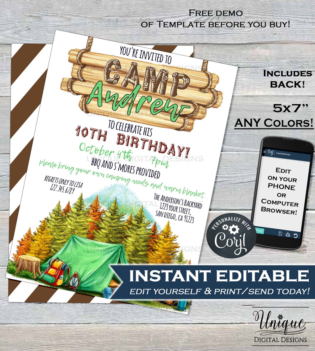 Camping Birthday Invitation, Editable Glamping Invitation, Backyard ...