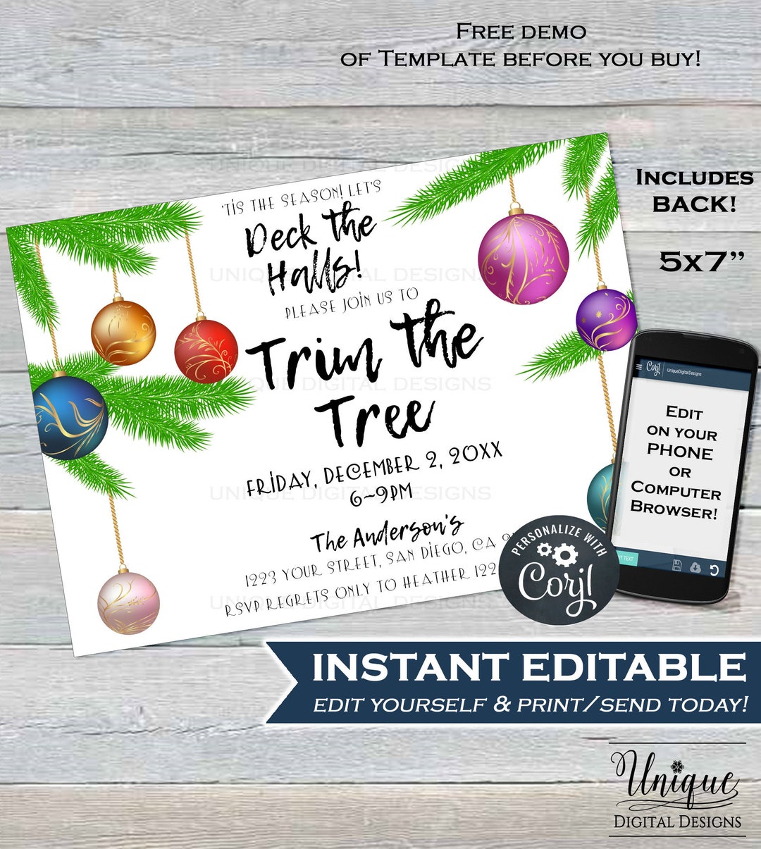 Deck the Halls Christmas Party Invitation, Editable Trim the Tree ...