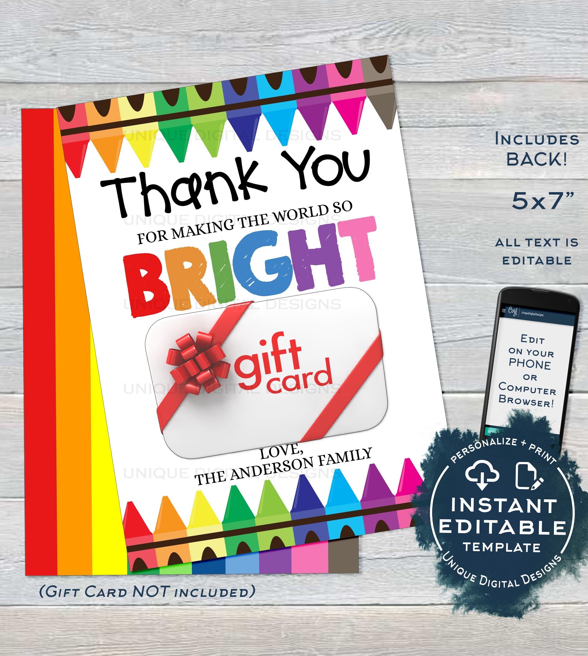 Teacher Gift Card Holder, Editable Staff Thank You Card, Printable ...