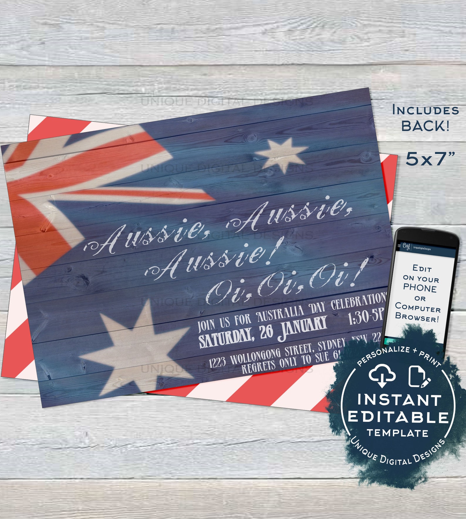 Australia Day Invitation Editable Rustic Aussie Invite | Etsy