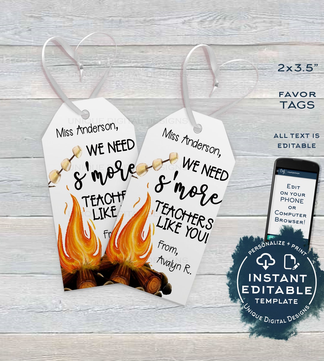 Editable Favor Tags for Teachers, Smore Teachers Like You, Kids Back to ...