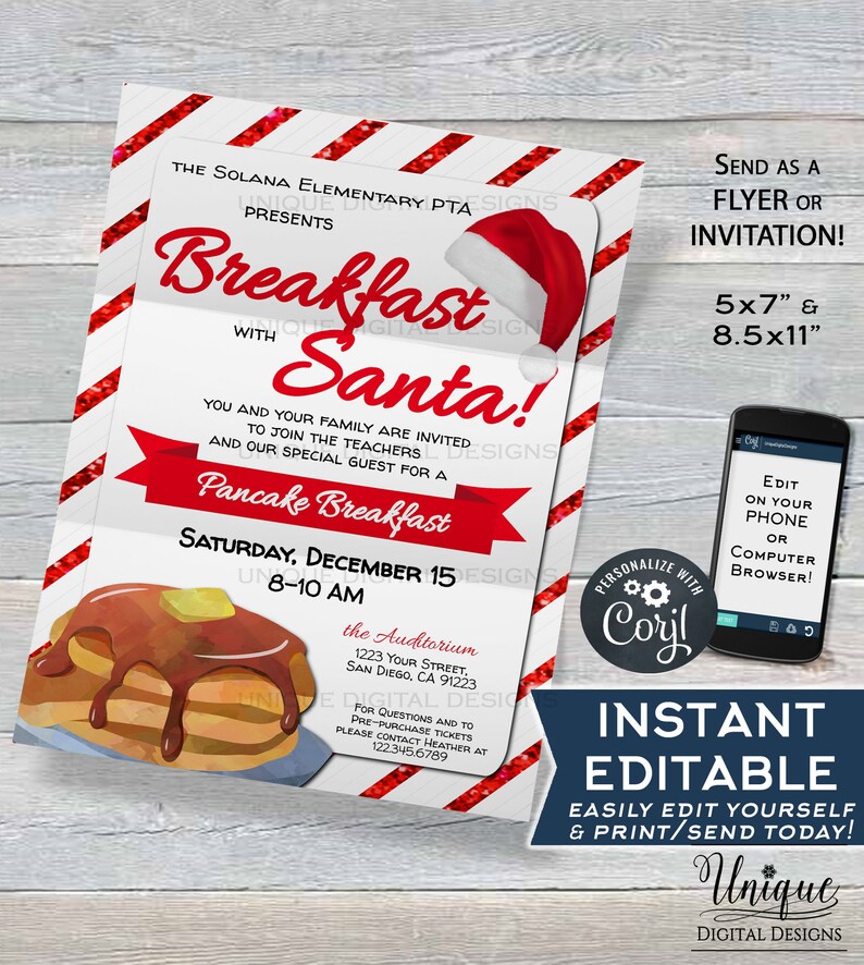Breakfast With Santa Flyer Invitation, Editable Pancakes With Santa ...