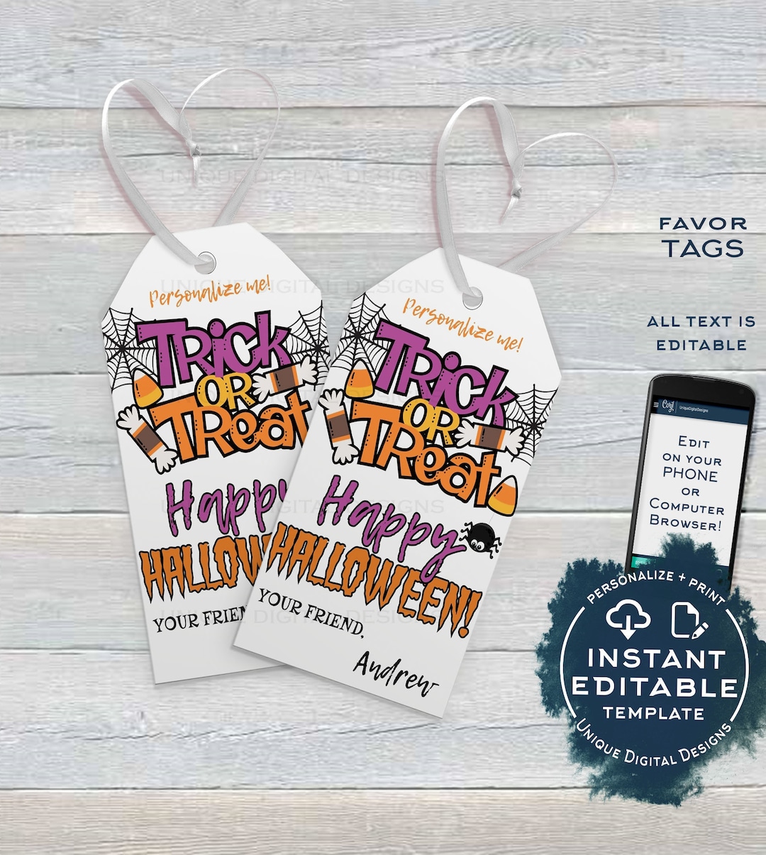 Editable Halloween Tags Printable, Trick or Treat Personalized ...