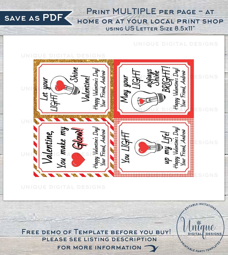 Valentine Card, Glow Stick Favor Tags, Kids Editable Valentines Cards ...