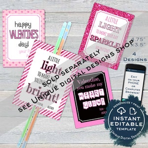 Valentine Card, Glow Stick Favor Tags, Kids Editable Valentines Cards ...