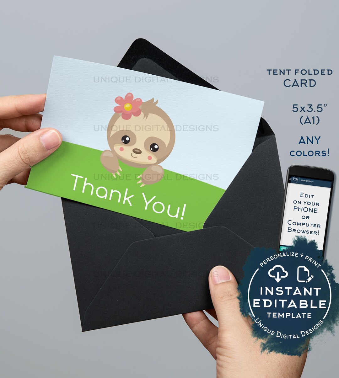 Sloth Thank You Card Editable Sloth Party Printable Birthday - Etsy