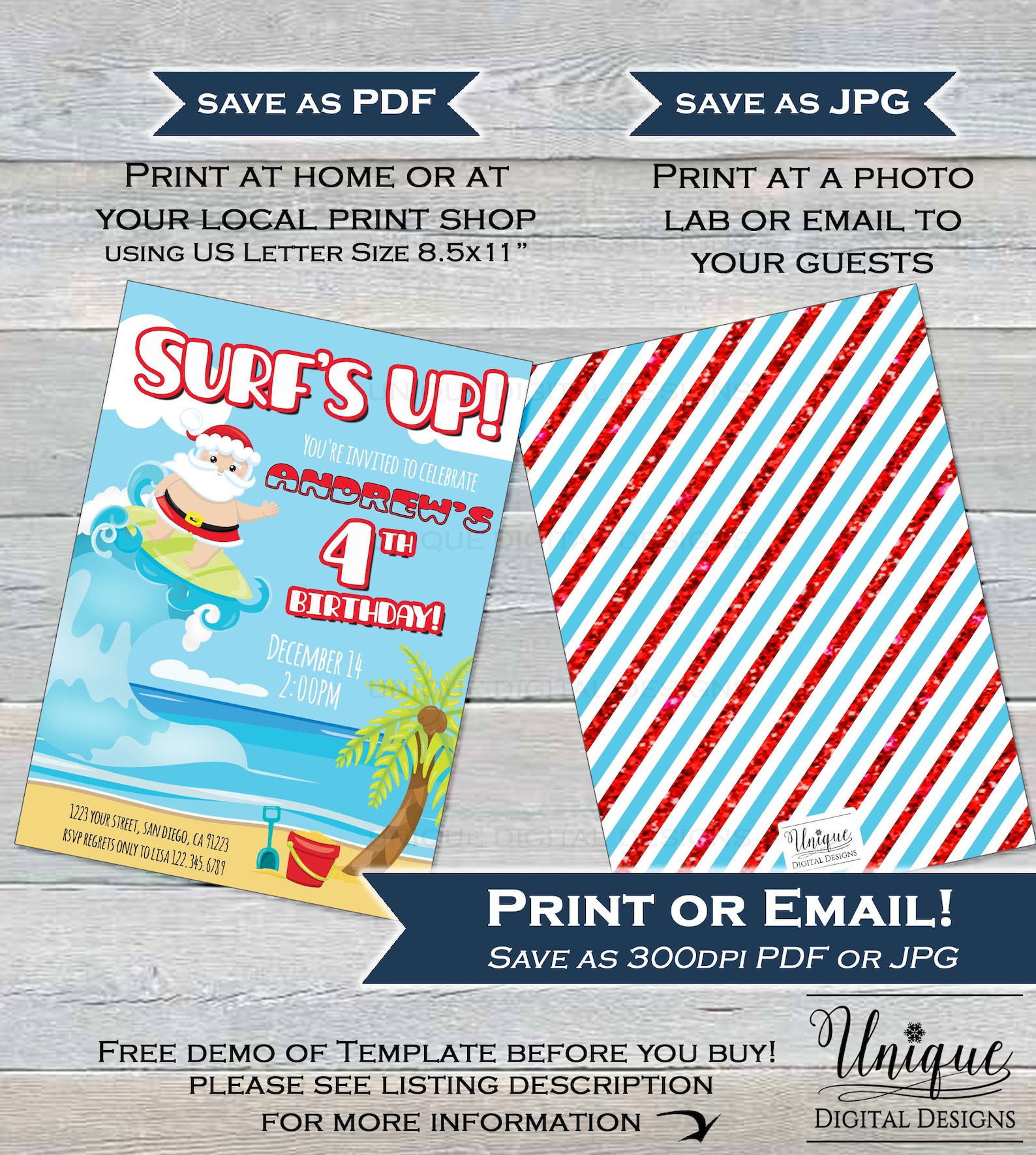 Surfs up Santa Editable Christmas Birthday Invitation Summer - Etsy