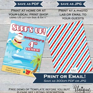 Surfs up Santa, Editable Christmas Birthday Invitation, Summer Beach ...