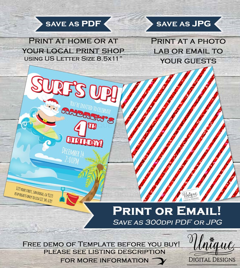 Surfs up Santa Editable Christmas Birthday Invitation Summer - Etsy